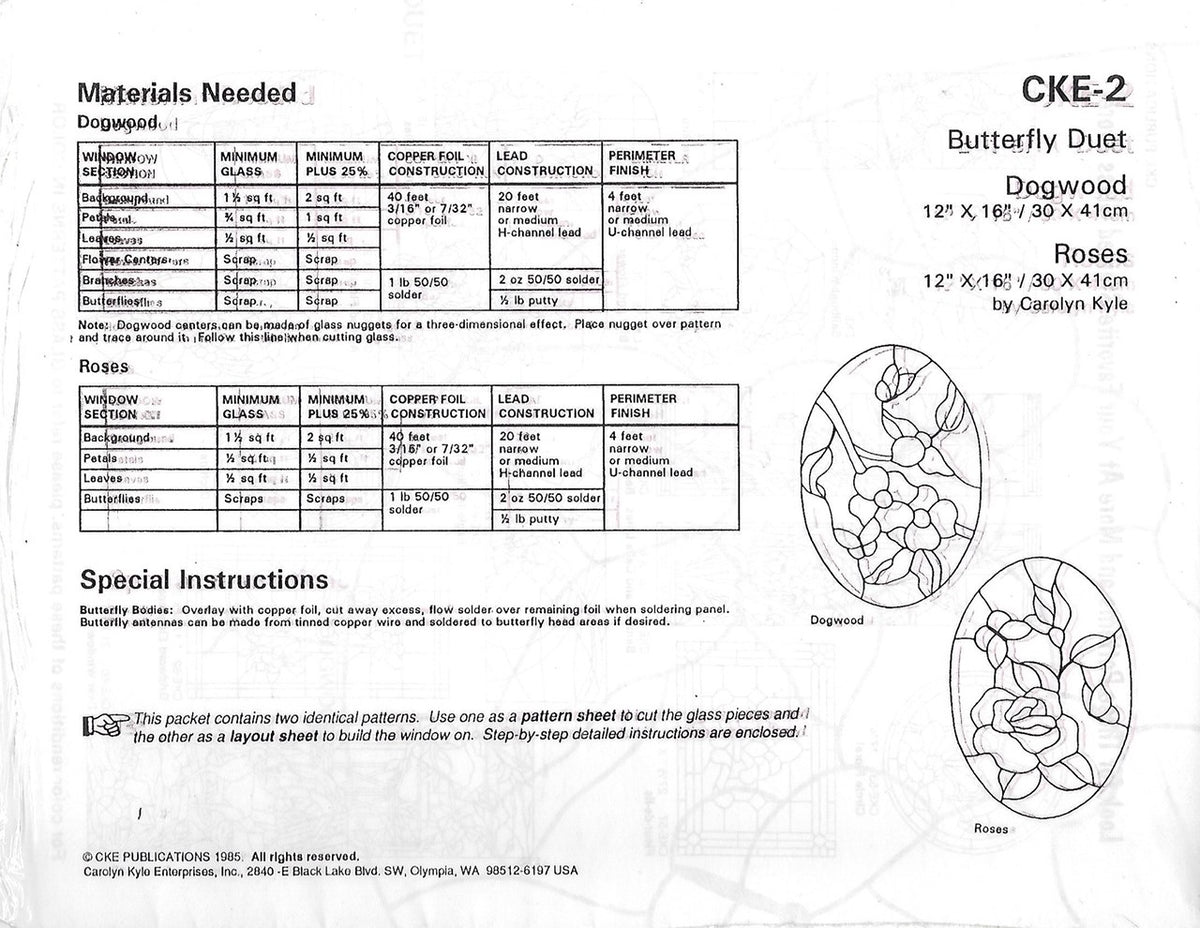 Vintage 1985 CKE-2 Butterfly Duet Stained Glass Pattern Full size patt ...